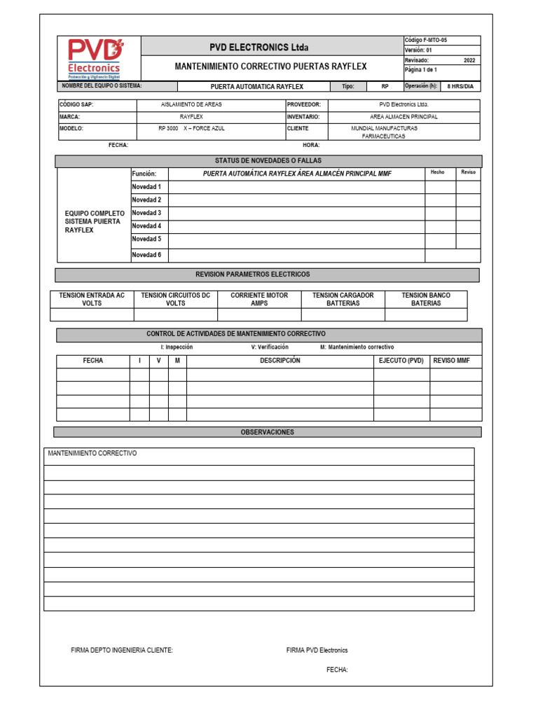 Formato-Mantenimiento-CORRECTIVO PUERTAS RAYFLEX | PDF | Electricidad | Ingenieria Eléctrica