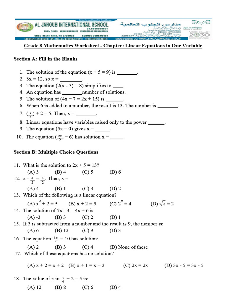 Grade 8 Linear Equations Worksheet | PDF | Equations | Chess Theory