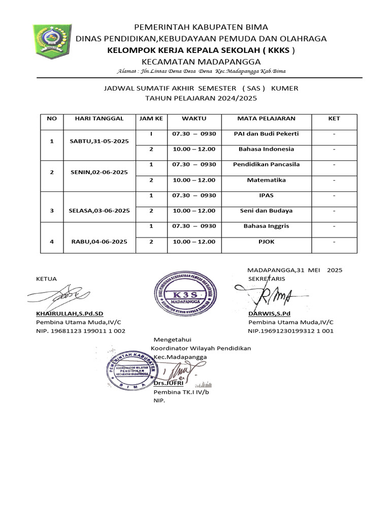 JADWAL SAS SD 2025 - KUMER Dan K 13 | PDF