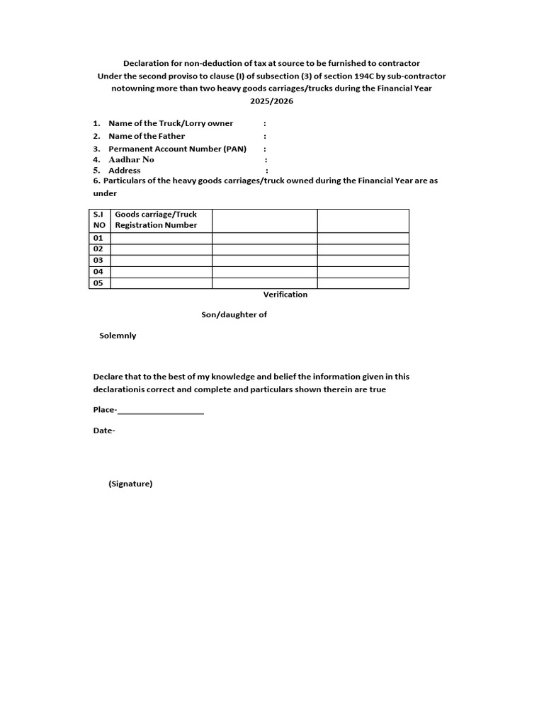 Transporter TDS Non-Deduction Declaration 2025-26 | PDF