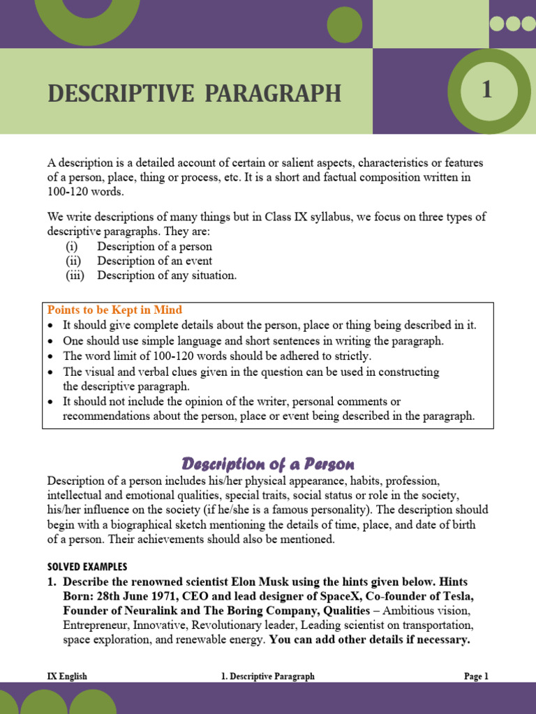 IXth English - Descriptive Paragraph Notes | PDF | Elon Musk