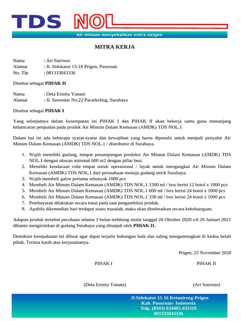 Kerjasama Distribusi AMDK TDS NOL di Surabaya | PDF