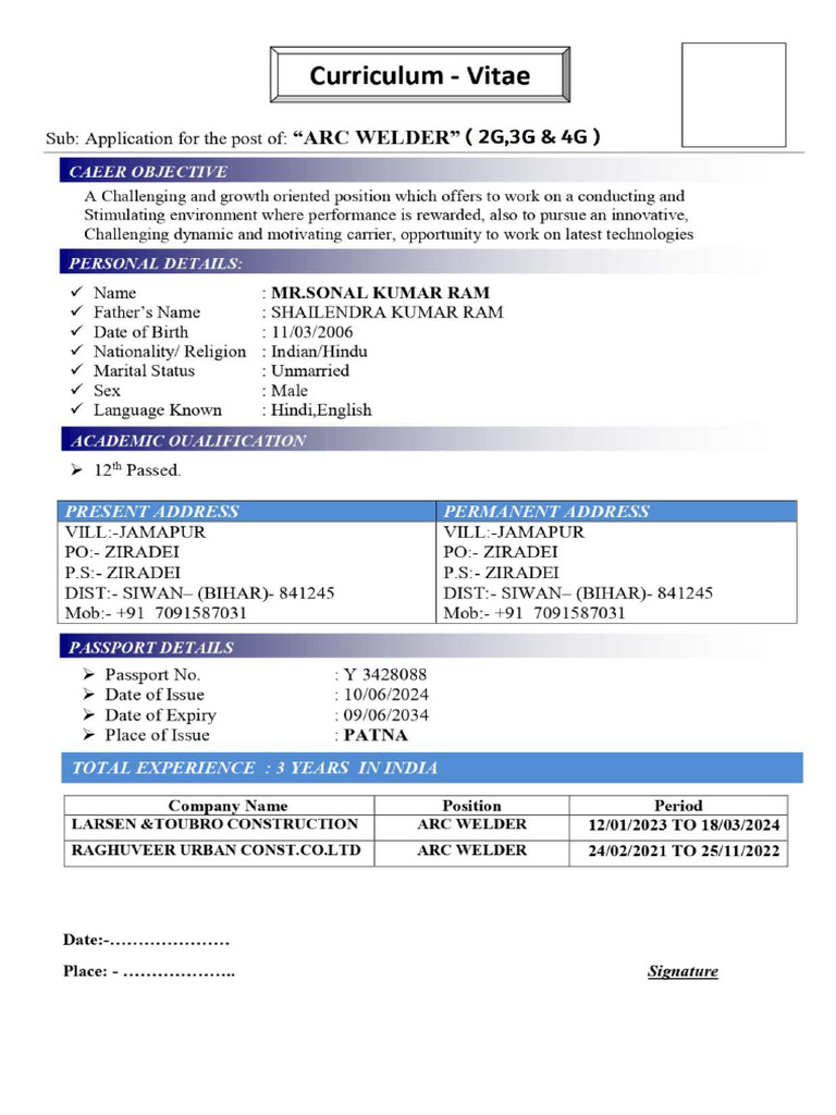 Resume Making Sapmle For Gulf Country | PDF