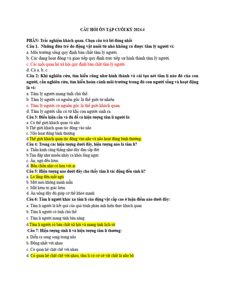 Cau Hoi On Tap 2024.2 (Gui Tham Khao) 1 | PDF