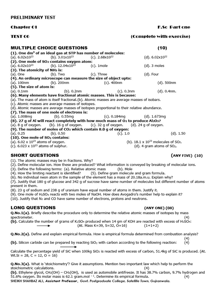 06 Chapter# 1 Complete With Excercise | PDF | Mole (Unit) | Atoms