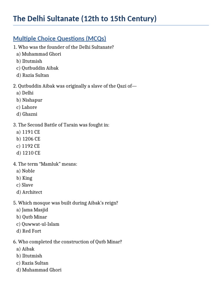 Delhi Sultanate MCQs and Answers | PDF