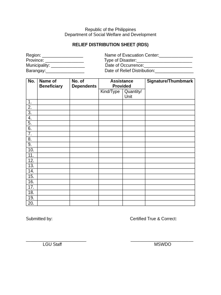 Relief Distribution Sheet Template | PDF
