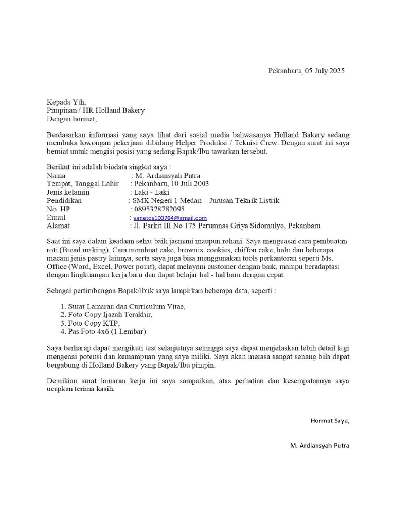 Surat Lamaran Holland Bakery-M.ardiansyah Putra | PDF