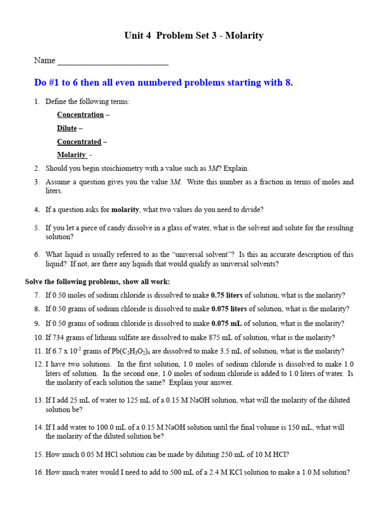 Unit 4 Problem Set 3 Molarity | PDF | Molar Concentration | Sodium ...