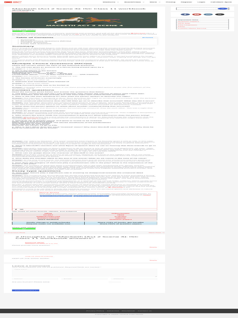 Macbeth (Act 2 Scene 4) : IsC Class 11 Workbook Answers | PDF | Shakespearean Tragedies | Macbeth
