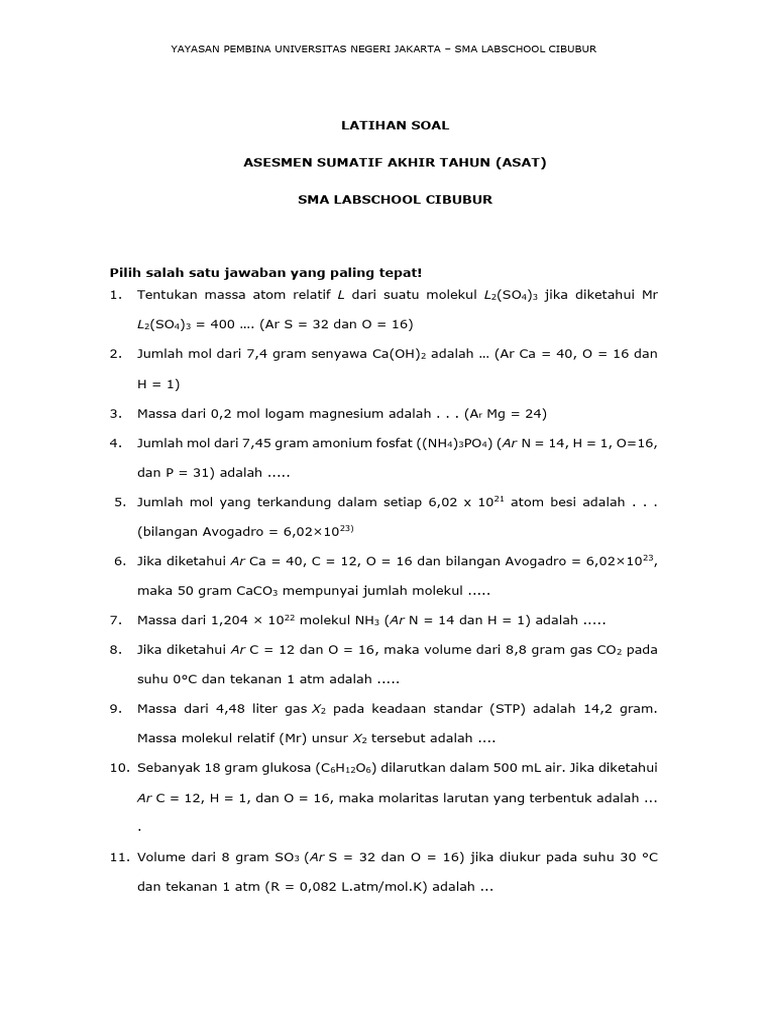 Latihan Soal ASAT Kimia Kelas X | PDF
