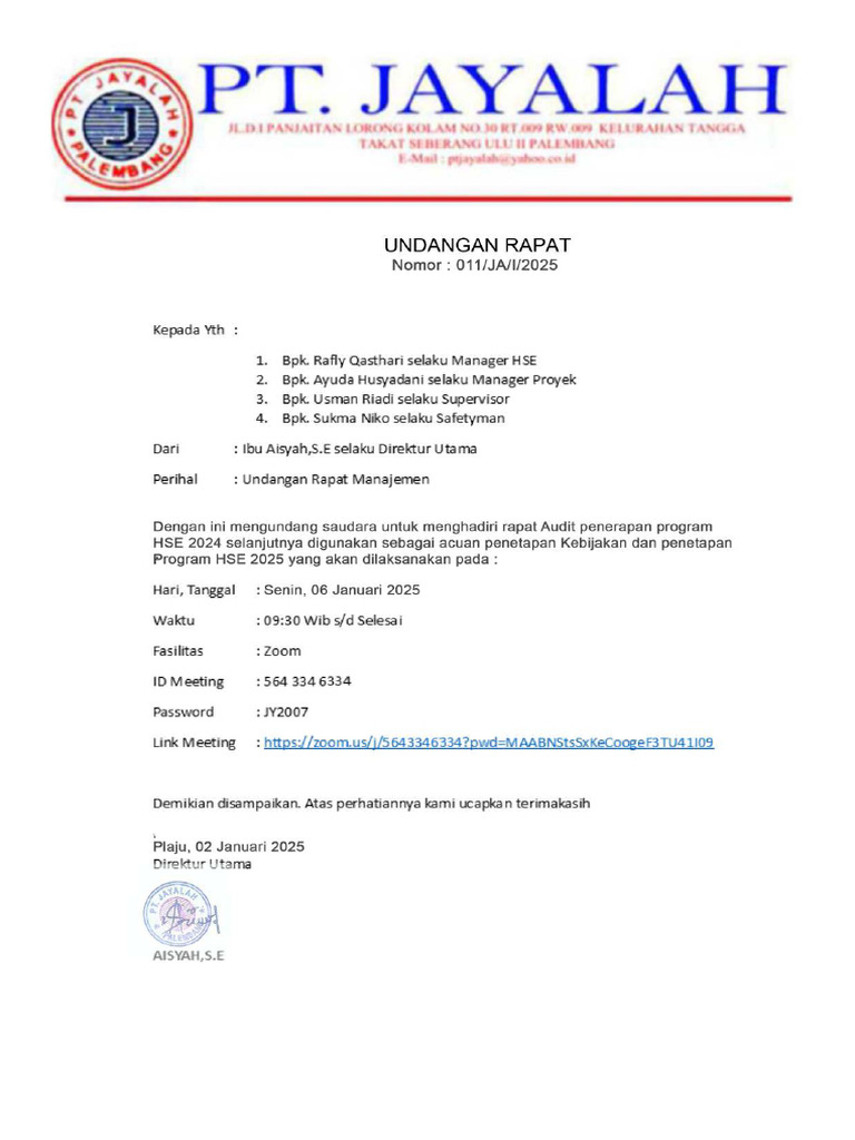 Undangan Rapat Tinjauan HSE | PDF