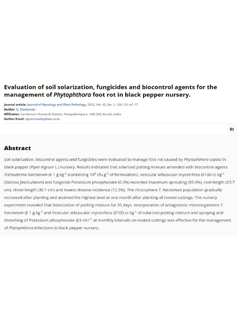 Sivakumar, G. (2012) - Evaluation of Soil Solarization, Fungicides and Biocontrol Agents For The ...
