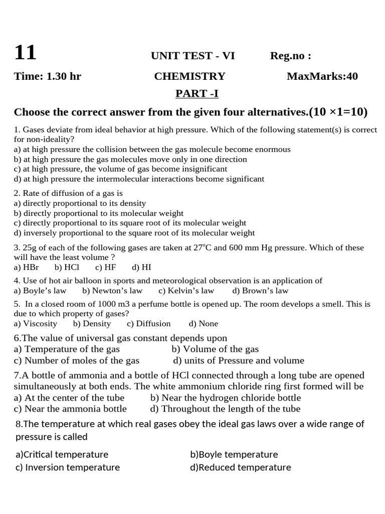 11 TH Chemistry Unit Test - 6 | PDF | Gases | Continuum Mechanics