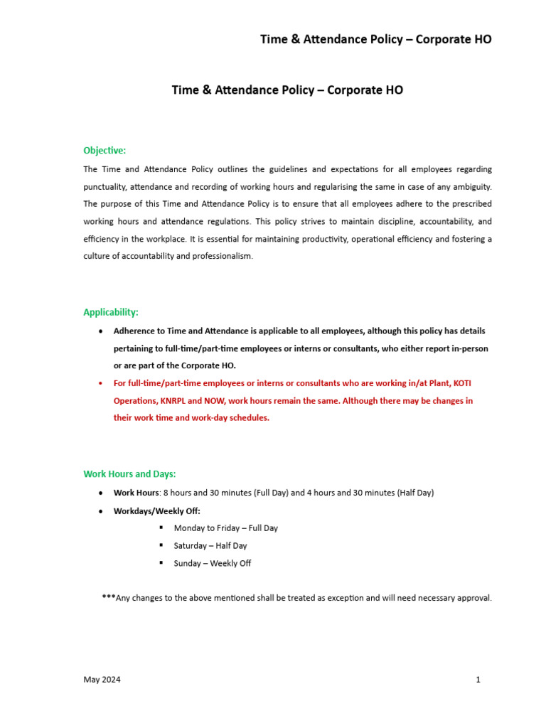 Time & Attendance Policy - Corporate HO | PDF | Workweek And Weekend ...