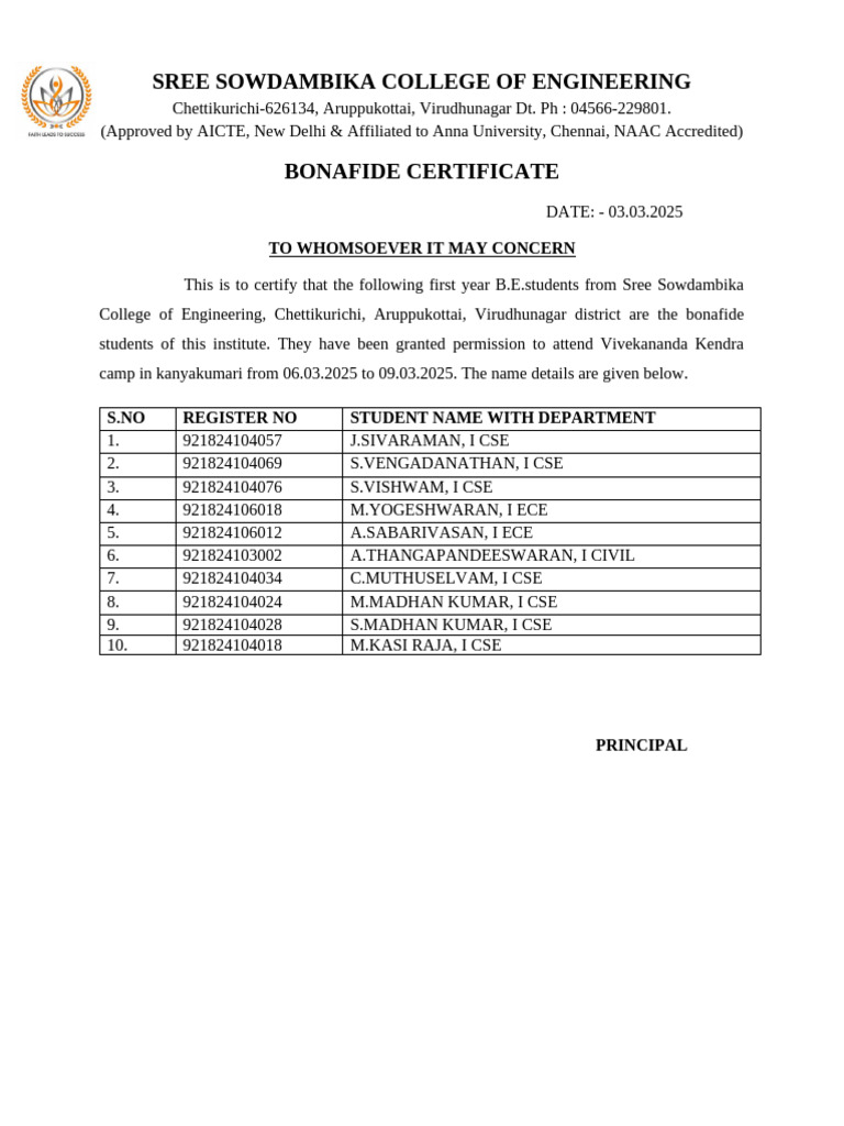 Bonafide Certificate for B.E. Students | PDF