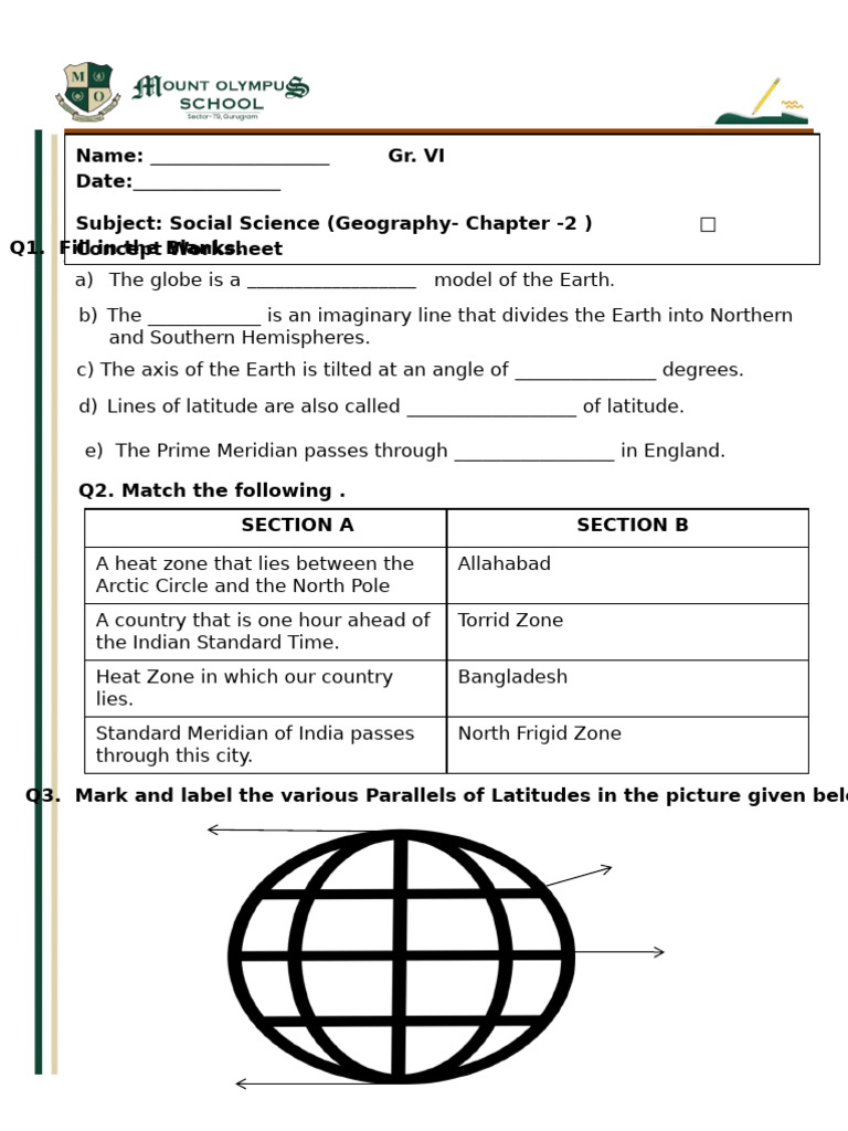 Grade VI Geography Concept Worksheet | PDF