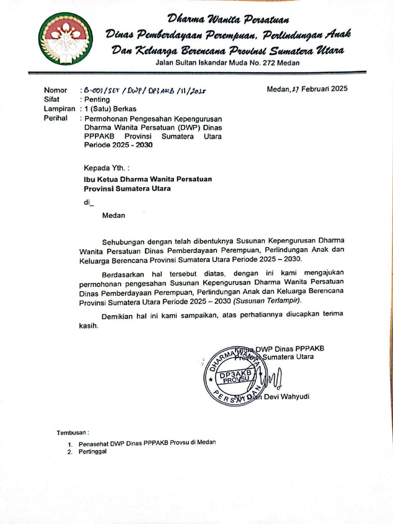 Surat Permohonan Pengesahan Kepengurusan DWP DP3AKB Prov Sumut - Compressed | PDF