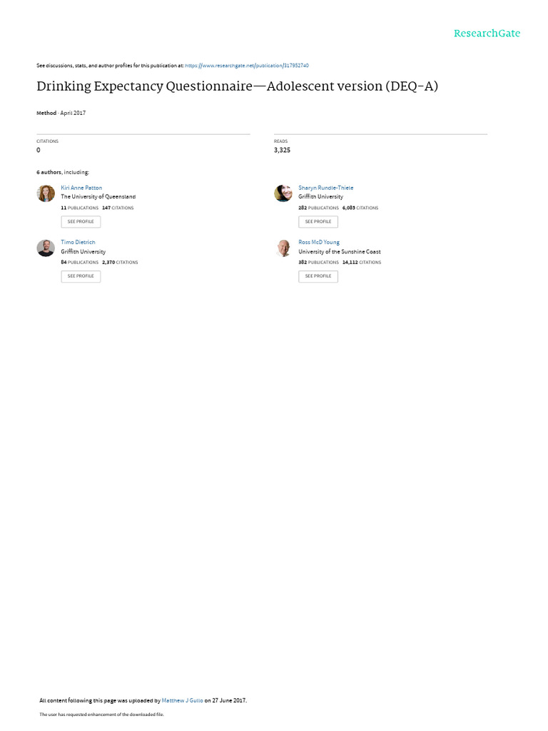 Drinking Expectancy Questionnaire Revised Adolescent Pdf Psychology Behavioural Sciences