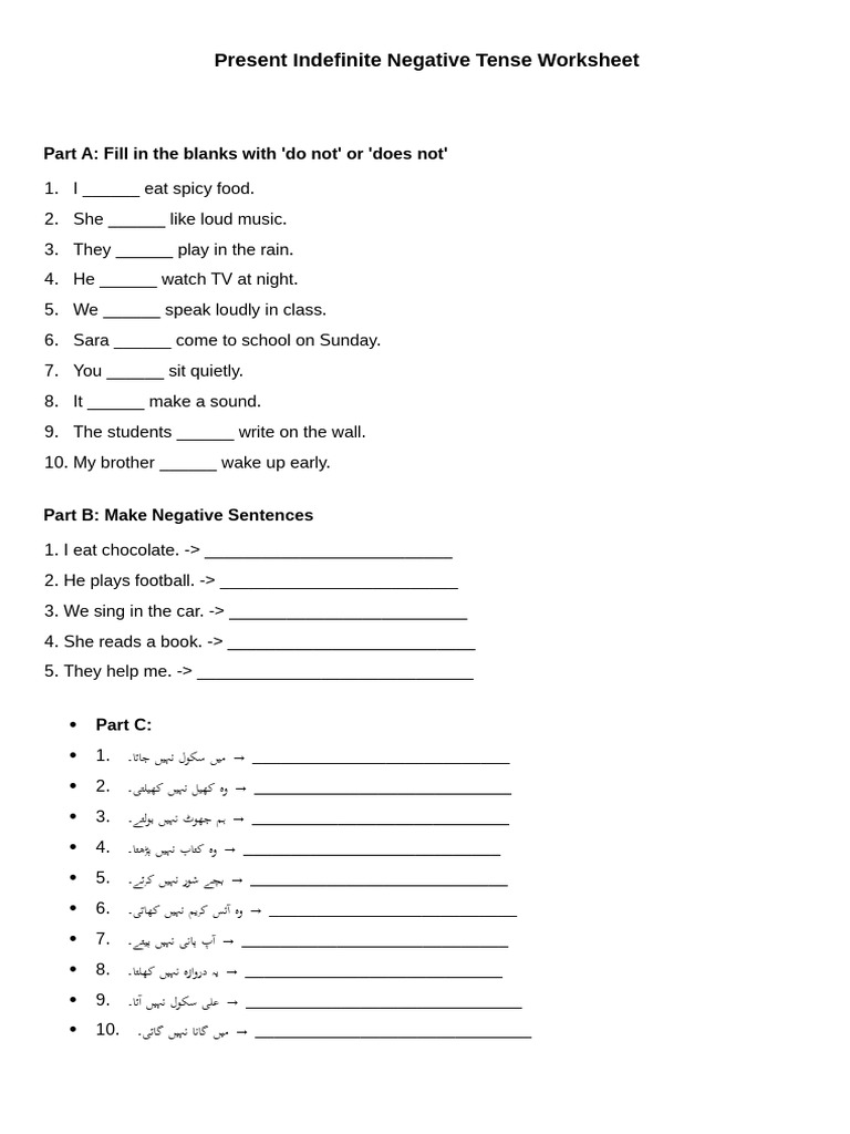 Present Indefinite Negative Worksheet | PDF