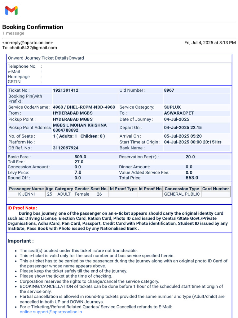 Gmail - Booking Confirmation | PDF | Identity Document | Authentication