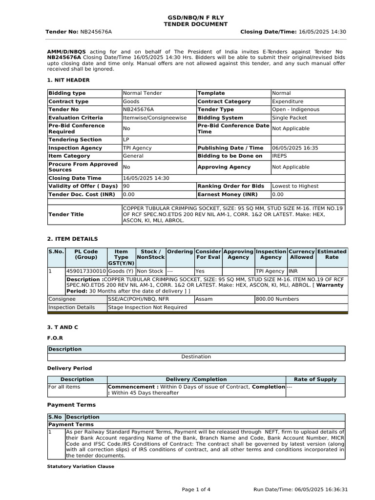 Copper Tubular Crimping Socket Size - 95 SQ MM | PDF