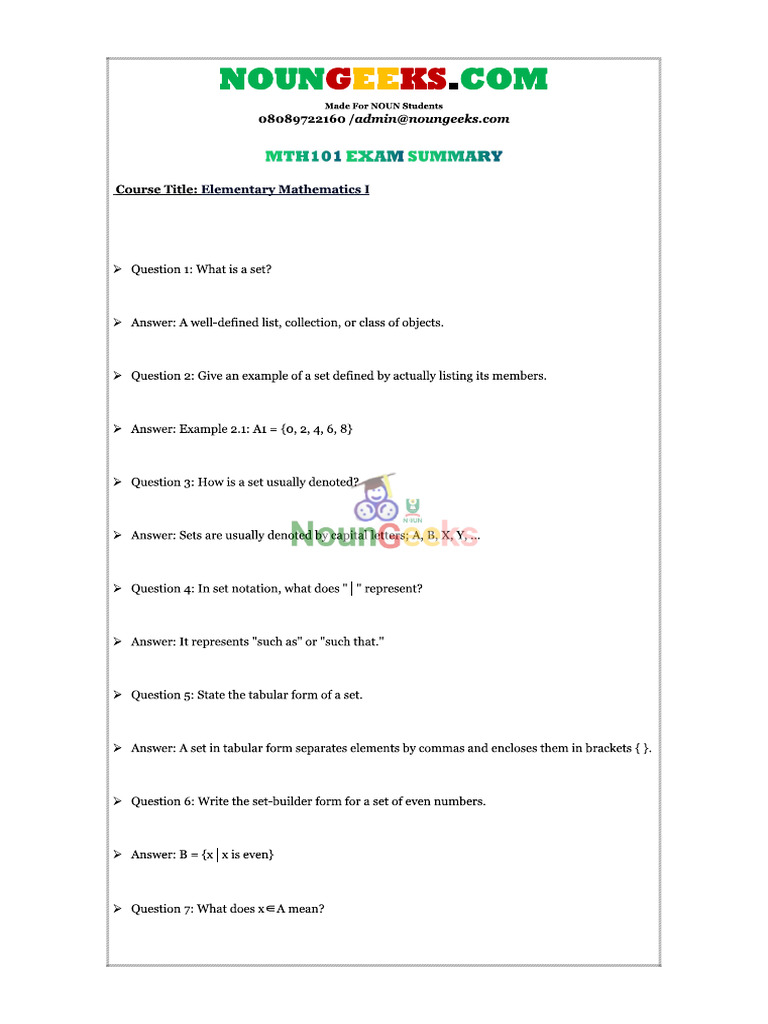 Mth101 Exam Summary - Noungeeks | PDF