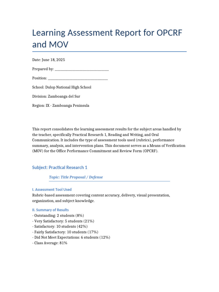 OPCRF Learning Assessment Report Final Update | PDF | Reading ...