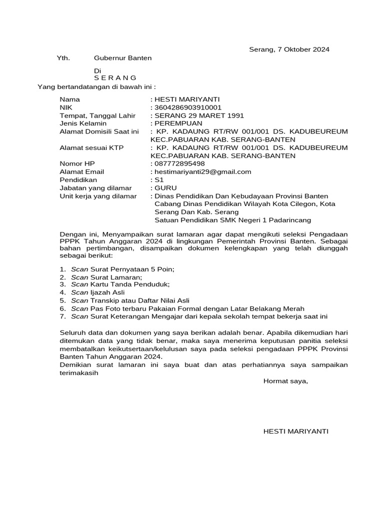 Format Surat Lamaran PPPK 2024 | PDF
