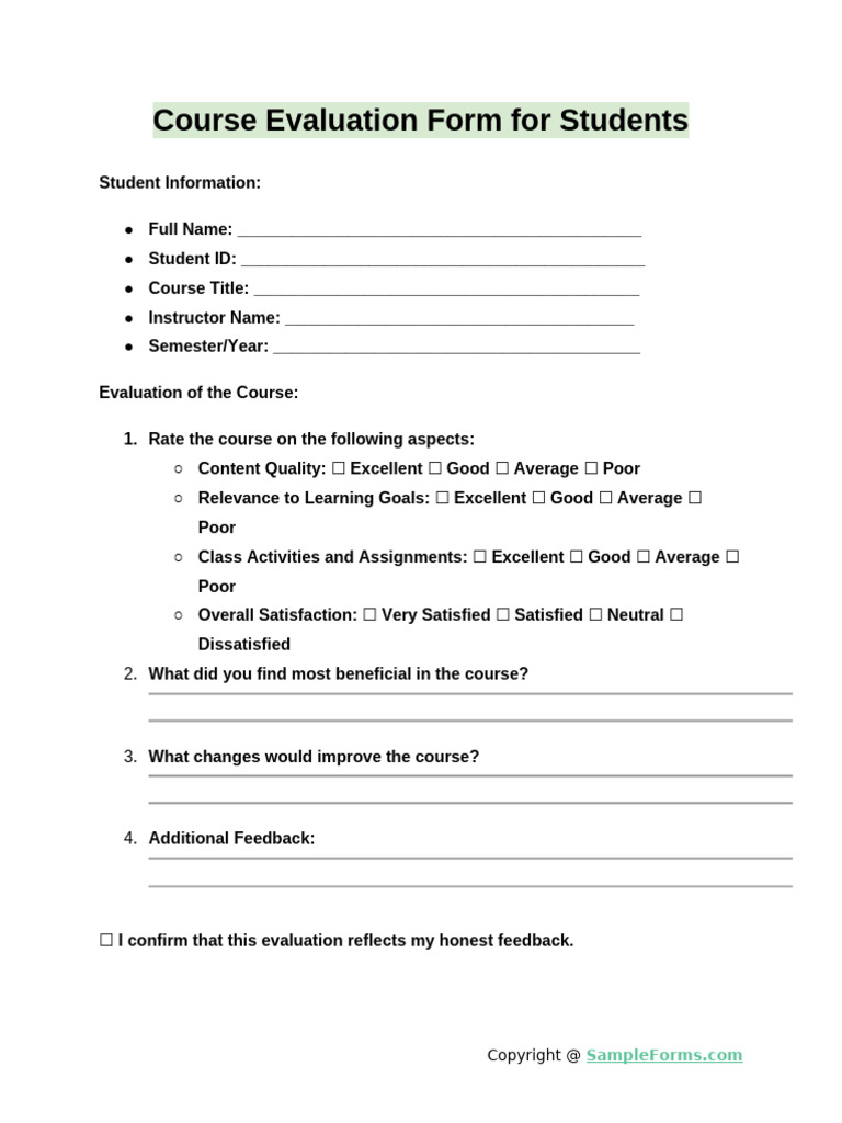 Student Course Evaluation Form | PDF