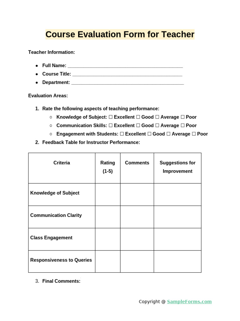 Teacher Course Evaluation Form | PDF