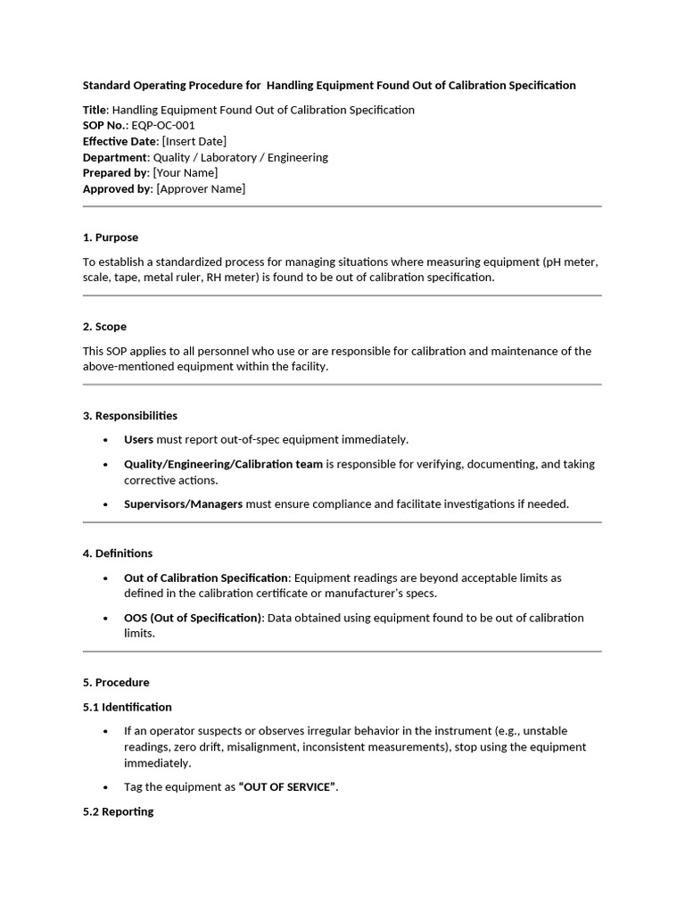 Standard Operating Procedure For Handling Equipment Found Out of ...