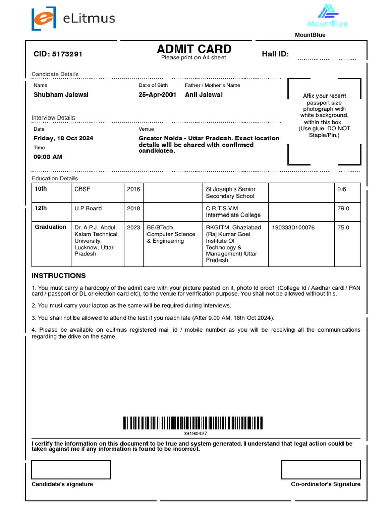 Elitmus Mountblue Admit Card 18oct2024 | PDF | Government And Personhood | Access Control