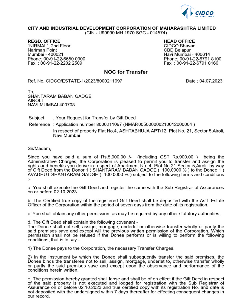NOC for Gift Deed Transfer Approval | PDF | Natural Resources Law ...