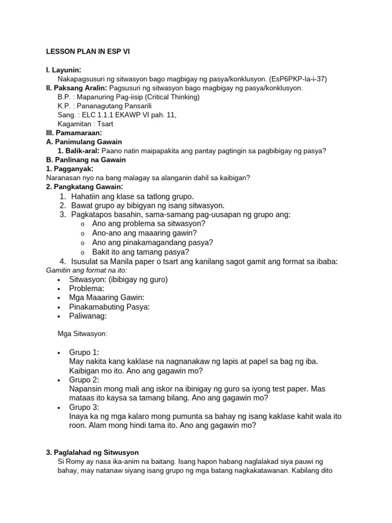 LESSON PLAN in ESP VI - Pasya para Sa Nakararami 2 | PDF