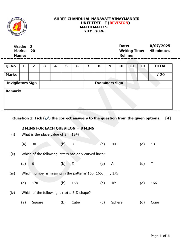 Grade 2 - REVISION PAPER - Math - Unit Test I | PDF