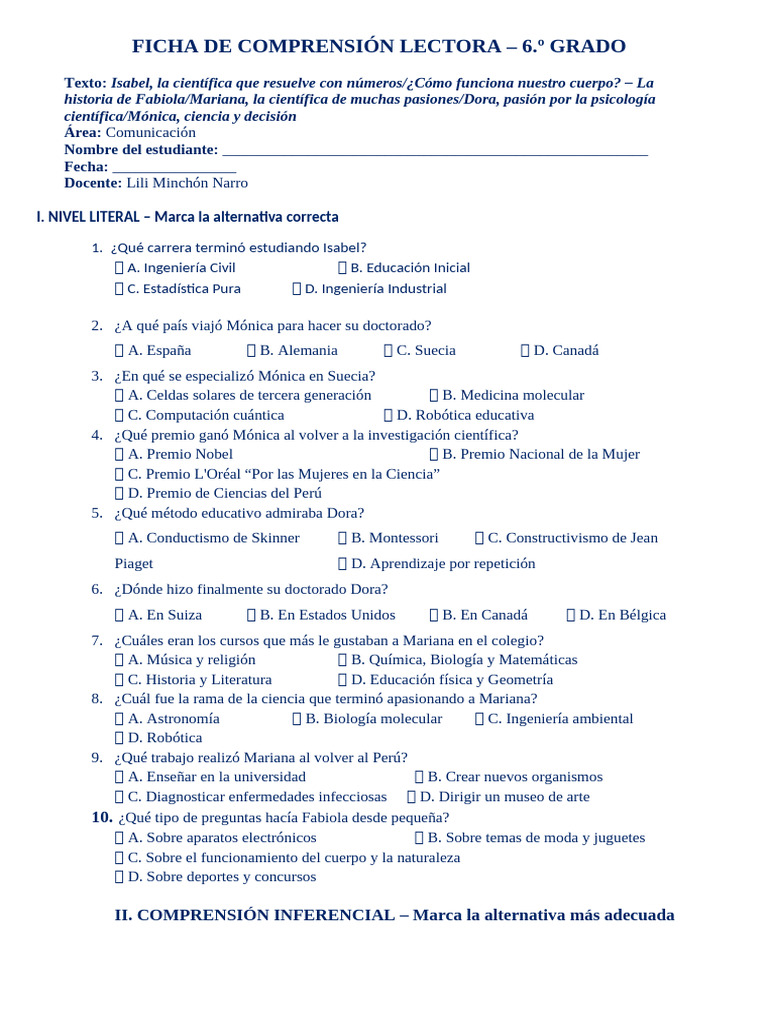 Ficha de Comprensión Lectora 6.º Grado | PDF | Científico | Amor