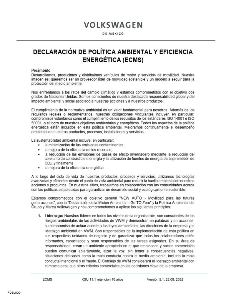 VW Declaracion de Politica Ambiental y EE Del ECMS 2022 | PDF | Sustentabilidad | Entorno natural