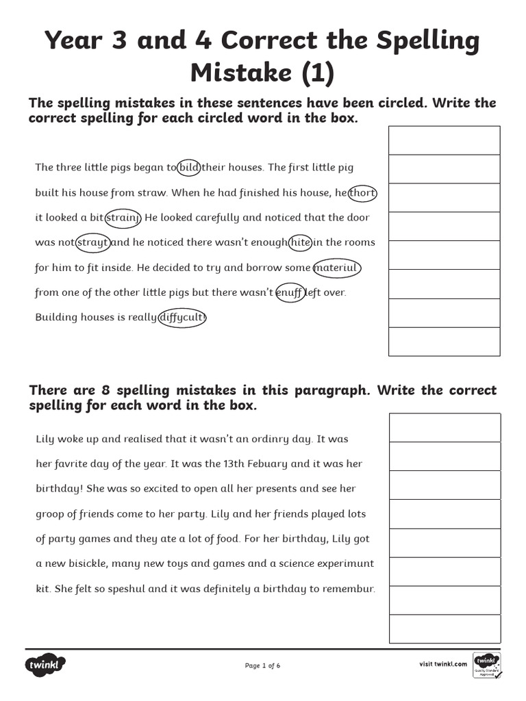 Spelling Correction Worksheet for Kids | PDF