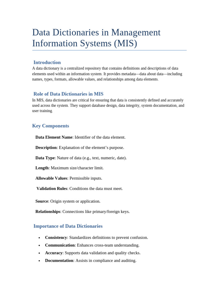Data Dictionaries in MIS | PDF | Databases | Data Management