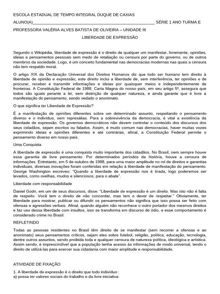 Liberdade de Expressão no Brasil: Importância e Limites | PDF ...