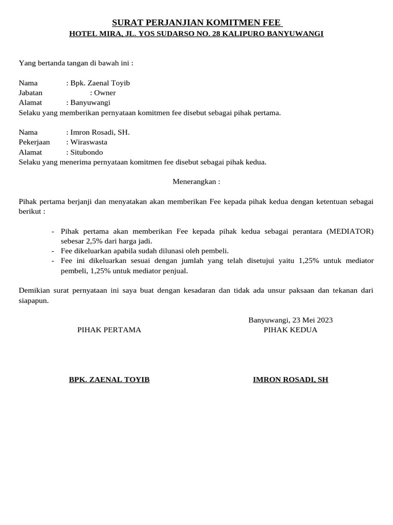 Surat Perjanjian Komitmen Fee | PDF
