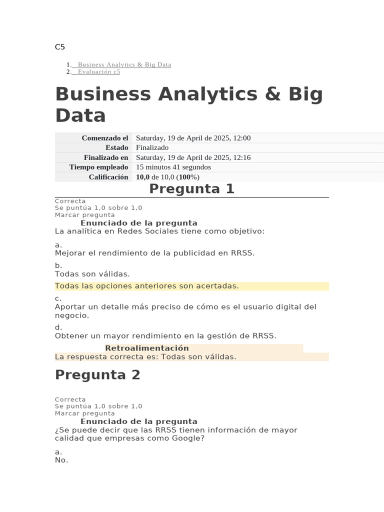Business Analytics & Big Data: Pregunta 1 | PDF | Facebook | Servicio de redes sociales