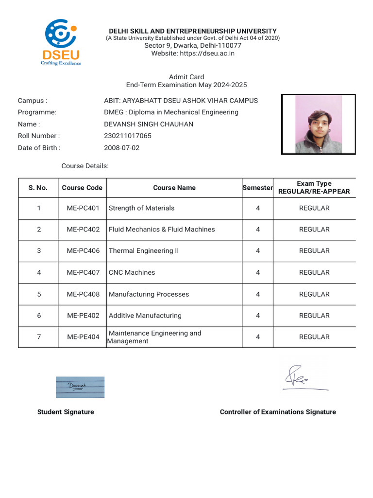 4th Sem Admit Card | PDF