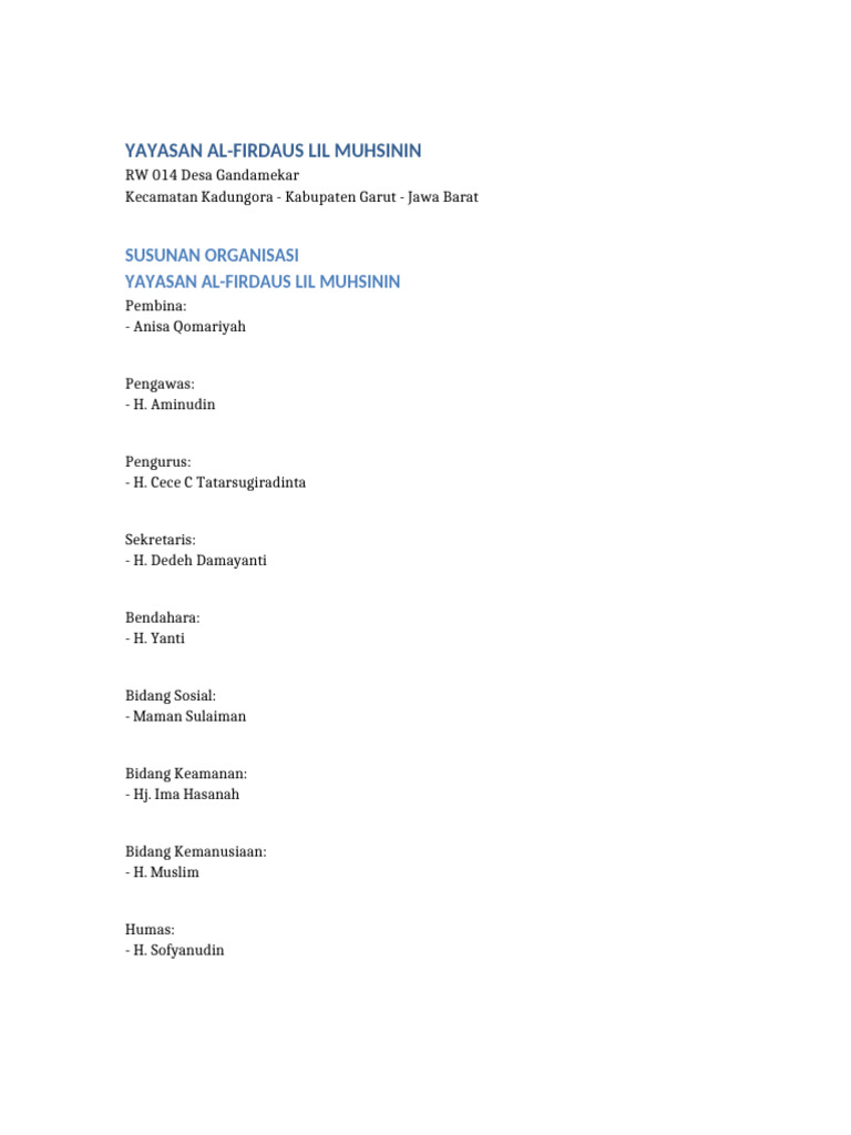 Struktur Organisasi Yayasan Al-Firdaus | PDF
