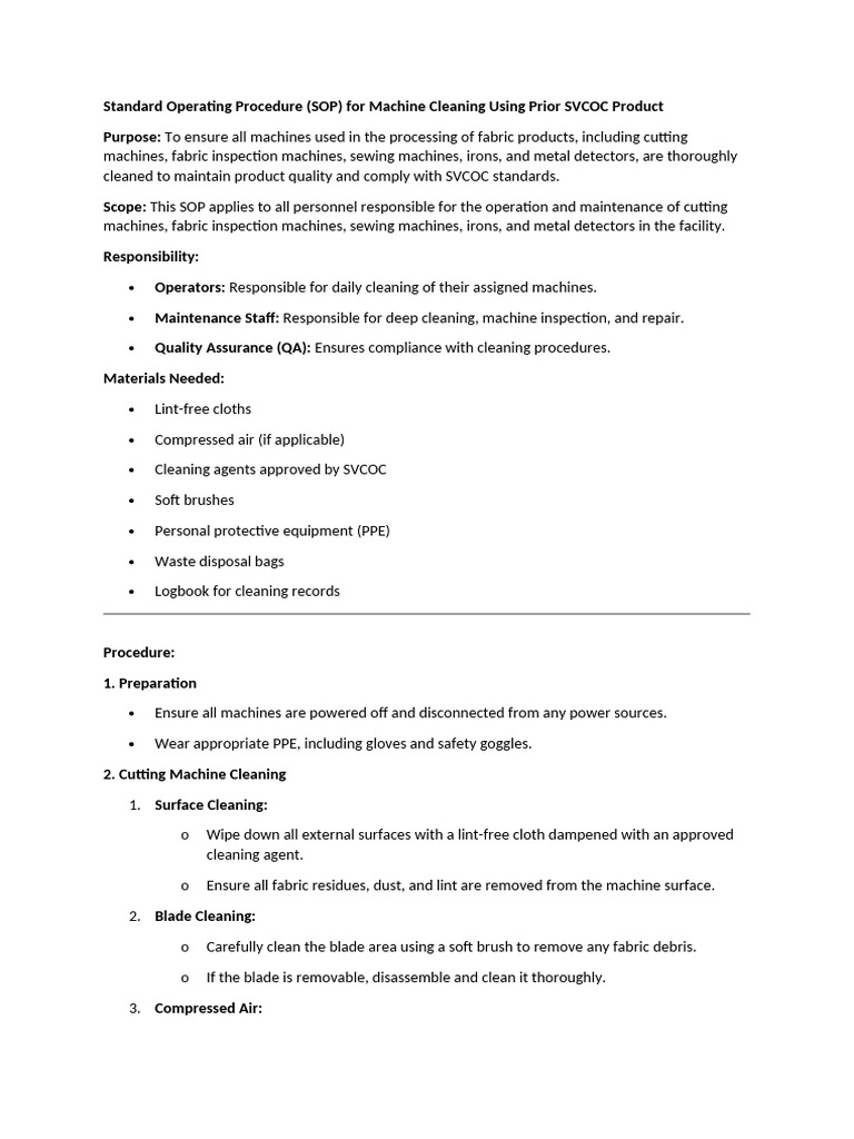 Standard Operating Procedure SVCOC Machine Cleaning | PDF | Textiles ...