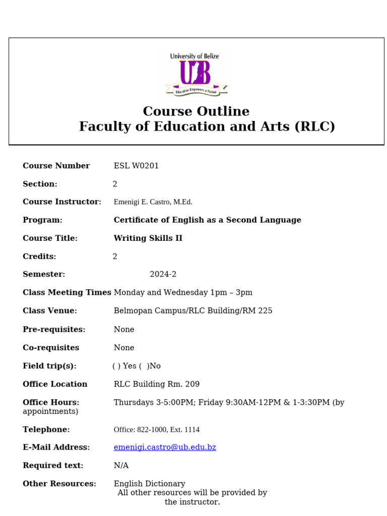 Writing Skills II Course Outline | PDF | English As A Second Or Foreign ...