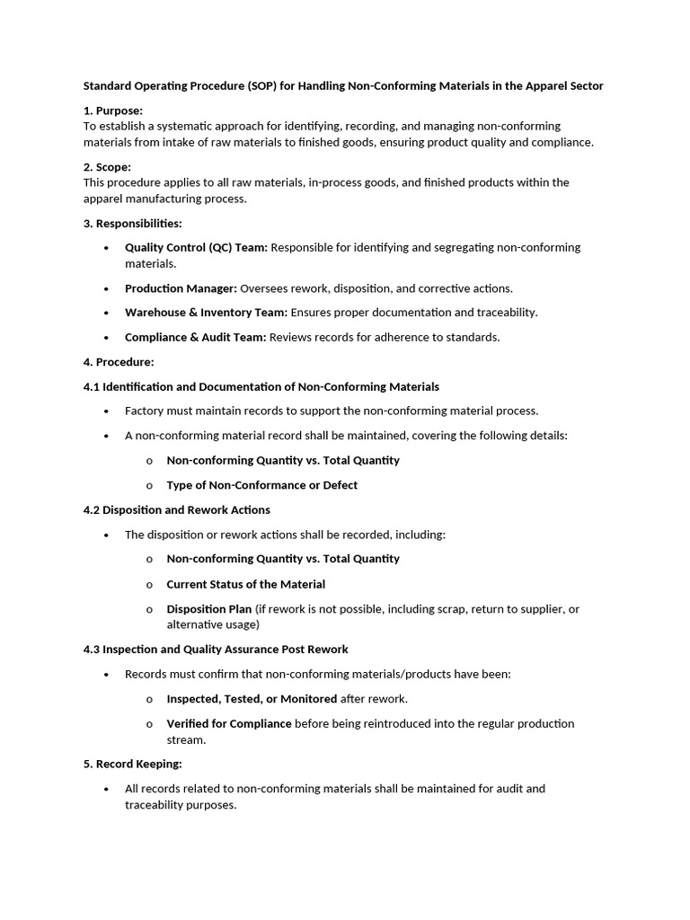 SOP for Non-Conforming Material Handling | PDF | Business | Quality