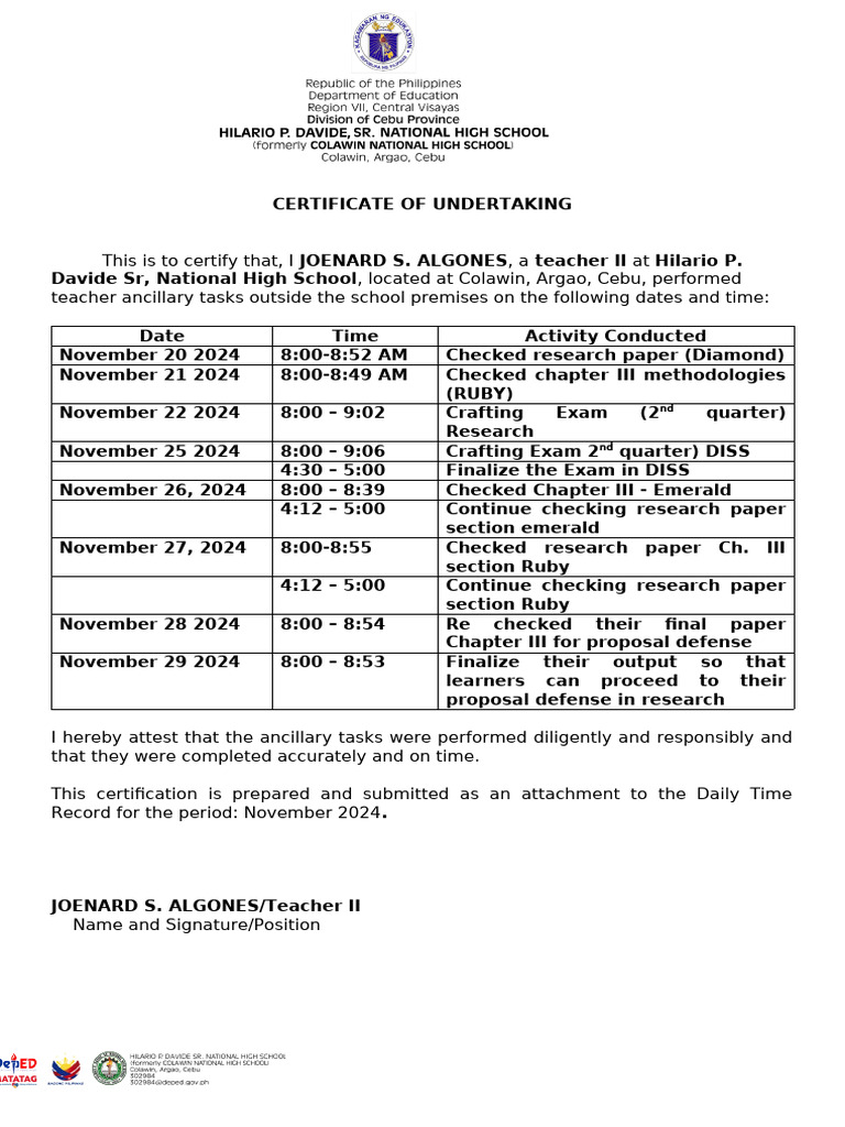 Certificate of Undertaking | PDF | Statistics | Methodology