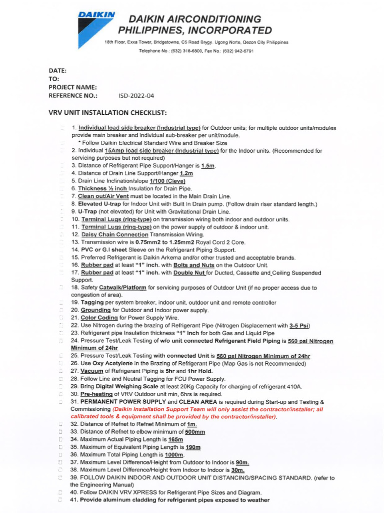 Installation Checklist (ISD-2022-04 - VRV) - Updated Jul 2022 | PDF